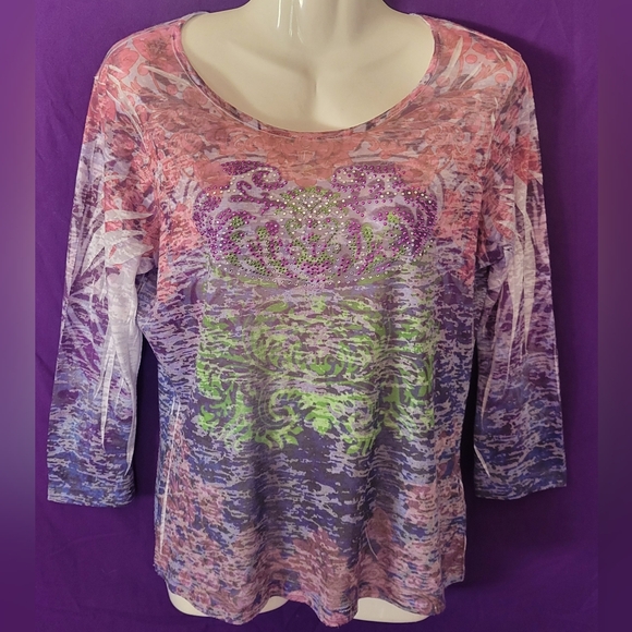 Reba | Tops | Reba Colorful Rhinestone Chest Accent Blouse | Poshmark